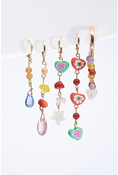 New Obsessions 18 K Altın Kaplama 5'li Renkli Design El Yapımı Boho Küpe Seti New Obsessions 18 K Altın Kaplama 5'li Renkli Design El Yapımı Boho Küpe Seti