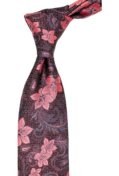 Kravatkolik Pembe - Siyah Çiçek Desen Mendilli Klasik Kravat KK10863