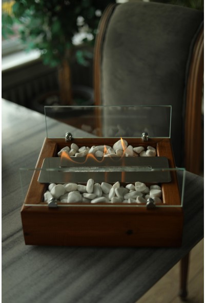 Es Konsept Ahşap Taşlı Masa Üstü Şömine Bio Ethanol Şömine