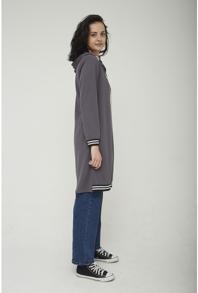 Yağızlar Kadın Füme Kapüşonlu Fermuarlı Eteği Şeritli Kap Yağızlar Kadın Füme Kapüşonlu Fermuarlı Eteği Şeritli Kap