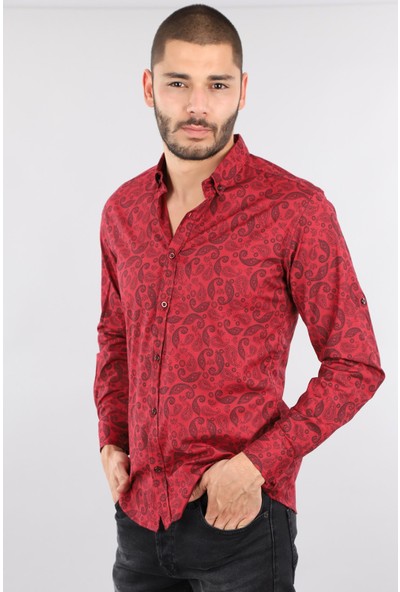 Arlin Erkek Baskılı Likralı Düğmeli Uzun Kollu Bordo Gömlek Arlin Erkek Baskılı Likralı Düğmeli Uzun Kollu Bordo Gömlek