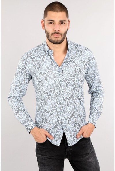 Arlin Erkek Baskılı Likralı Düğmeli Uzun Kollu Mavi Gömlek Arlin Erkek Baskılı Likralı Düğmeli Uzun Kollu Mavi Gömlek