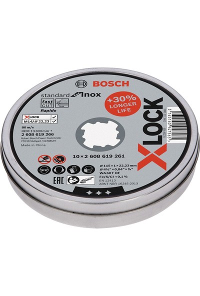 Bosch - X-Lock - 115*1,0MM Standard Seri Düz Inox (Paslanmaz Çelik) Kesme Diski (Taş) - Rapido 10'lu 2608619266 Bosch - X-Lock - 115*1,0MM Standard Seri Düz Inox (Paslanmaz Çelik) Kesme Diski (Taş) - Rapido 10'lu 2608619266