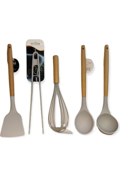 AYYBUU Servis Seti ve Metal Kaşıklık Food Drinks 5 Parça Silikon, Ahşap Saplı Set Gri Renk AYYBUU Servis Seti ve Metal Kaşıklık Food Drinks 5 Parça Silikon, Ahşap Saplı Set Gri Renk