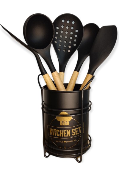 AYYBUU Servis Seti ve Metal Kaşıklık Food Drinks 5 Parça Silikon, Ahşap Saplı Set Siyah Renk AYYBUU Servis Seti ve Metal Kaşıklık Food Drinks 5 Parça Silikon, Ahşap Saplı Set Siyah Renk