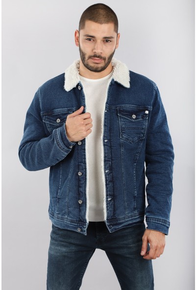 Arlin Erkek Içi Kürklü Düğmeli Cepli Mavi Kot Mont