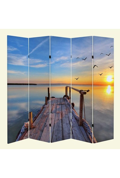 VeraStore Iskele ve Kuş Manzara 5 Kanatlı Oda Bölücü Çift Taraflı Kanvas Paravan VeraStore Iskele ve Kuş Manzara 5 Kanatlı Oda Bölücü Çift Taraflı Kanvas Paravan