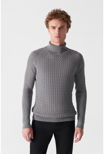 AVVA Erkek Gri Balıkçı Yaka Jakarlı Kazak A12Y5013