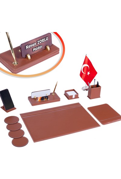 İsimlik Sepeti Bayraklı Taba Alaska Deri Sümen Takımı Masa Isimliği Sümen Seti