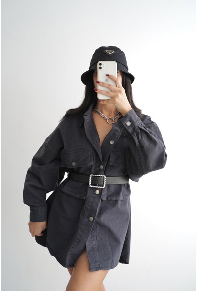 Efstyle Büyük Cepli Antrasit Gri Oversize Uzun Gömlek Görünümlü Kot Ceket Efstyle Büyük Cepli Antrasit Gri Oversize Uzun Gömlek Görünümlü Kot Ceket