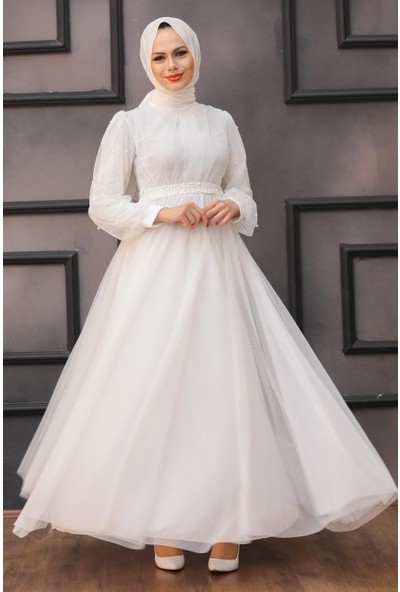 Neva Style Tesettürlü Abiye Elbise - Inci Detaylı Beyaz Tesettür Abiye Elbise 5514B