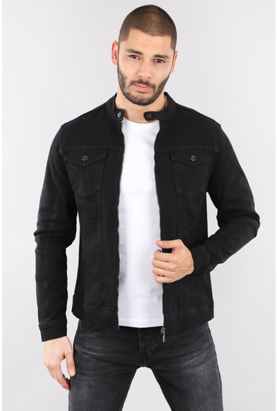 Arlin Erkek Fermuarlı Yaka Çıtçıt Kapama Slim Fit 1860BLACKBLACK Kot Mont