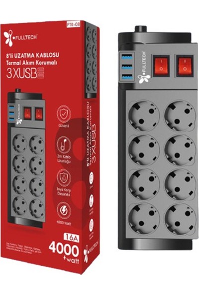 Fulltech Termal Akım Korumalı Isıya Karşı Dayanıklı 8'li Priz 3 x USB 2 mt Kablo Ftr-08 323032 Fulltech Termal Akım Korumalı Isıya Karşı Dayanıklı 8'li Priz 3 x USB 2 mt Kablo Ftr-08 323032