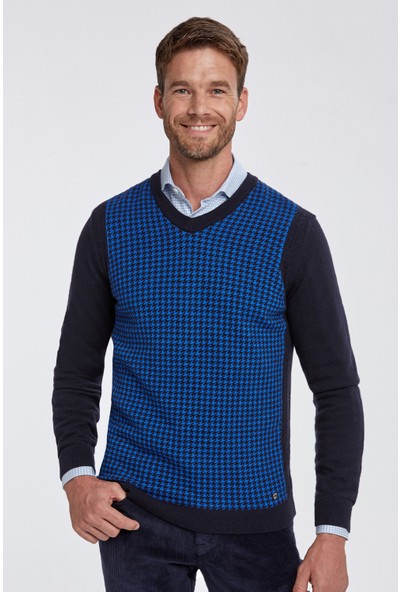Hemington V Yaka Desenli Indigo Lambswool Kazak