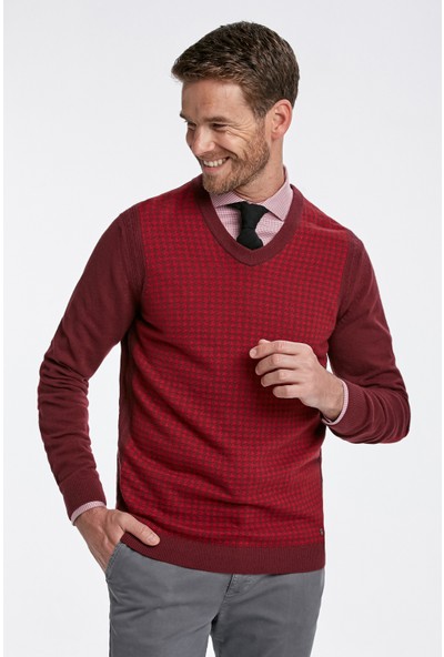 Hemington V Yaka Desenli Bordo Lambswool Kazak