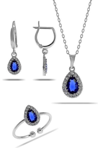 Sümer Telkari Safir Taşlı Damla Mini Rodyumlu Gümüş Set Sümer Telkari Safir Taşlı Damla Mini Rodyumlu Gümüş Set