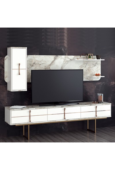 Buğdaycı Grup Everest 210 Premium Duvar Tv Ünitesi Fonlu Televizyon Sehpası Ünitesi 210 cm 3 Çekmeceli 1 Dolaplı