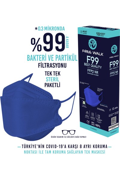 Kore Tipi F99-F95 Best Quality KF94 Free Walk Maske Saks Mavi 1 kutu 10 Adet Kore Tipi F99-F95 Best Quality KF94 Free Walk Maske Saks Mavi 1 kutu 10 Adet