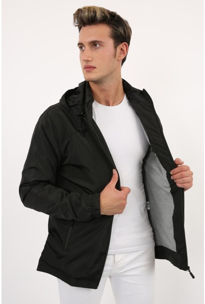 Ette Kapüşonlu Suya ve Rüzgara Dayanıklı Siyah Yağmurluk Mont 2023