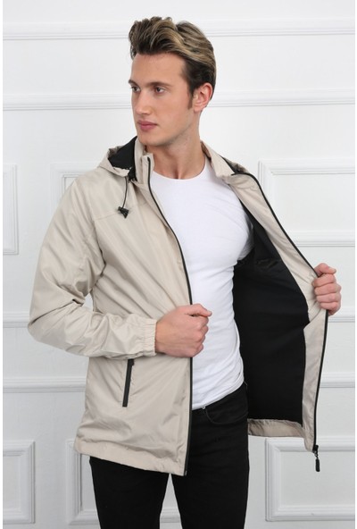 Ette Kapüşonlu Suya ve Rüzgara Dayanıklı Bej Yağmurluk Mont 2023