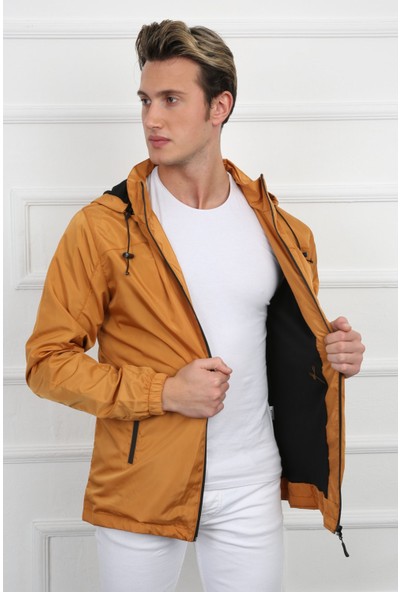 Ette Kapüşonlu Suya ve Rüzgara Dayanıklı Hardal Yağmurluk Mont 2023