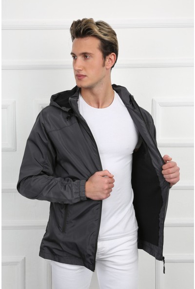 Ette Kapüşonlu Suya ve Rüzgara Dayanıklı Antrasit Yağmurluk Mont 2023
