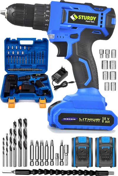 Sturdy 58VF 8mah Çift Akülü Vidalama New Technology Şarjlı Matkap Seti 27 Parçalı Sturdy 58VF 8mah Çift Akülü Vidalama New Technology Şarjlı Matkap Seti 27 Parçalı