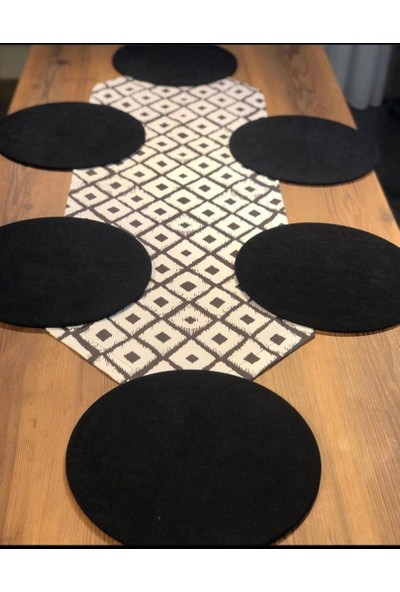 GA Madame Home Siyah Beyazlı Desenli Runner ve 6'li Amerikan Servis Supla GA Madame Home Siyah Beyazlı Desenli Runner ve 6'li Amerikan Servis Supla