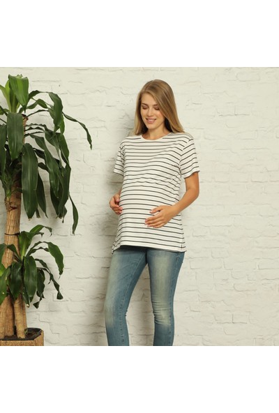 Baby Mom Babymom Çizgili Hamile Kısa Kol Tshirt