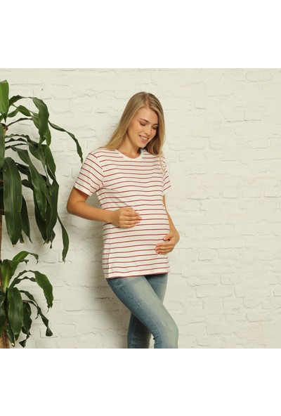 Baby Mom Babymom Çizgili Hamile Kısa Kol Tshirt