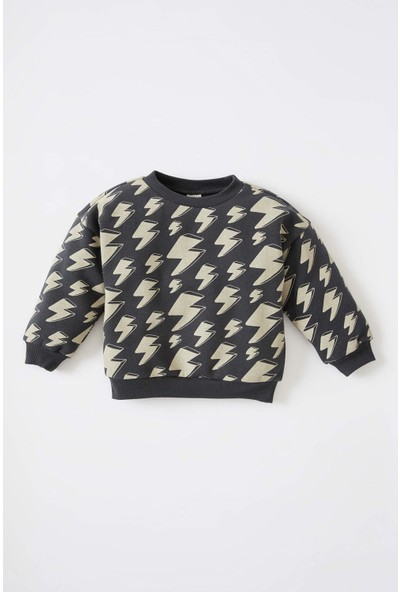 DeFacto Erkek Bebek Regular Fit Desenli Bisiklet Yaka İçi Yumuşak Tüylü Sweatshirt V6205A221WN