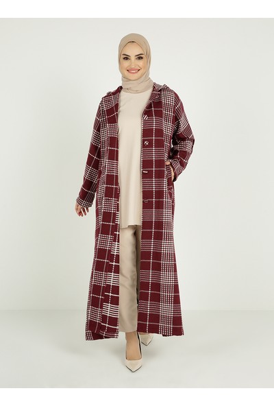 Tavin Kapüşonlu Yırtmaç Detaylı Ekoseli Kaban - Bordo - Tavin Tavin Kapüşonlu Yırtmaç Detaylı Ekoseli Kaban - Bordo - Tavin