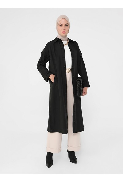 Refka Boydan Düğmeli Kuşaklı Kap - Siyah - Refka Woman Refka Boydan Düğmeli Kuşaklı Kap - Siyah - Refka Woman
