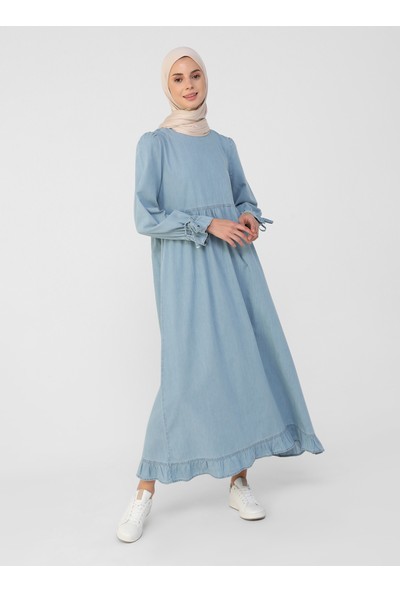 Benin Doğal Kumaşlı Boydan Düğmeli Kot Elbise - Buz Mavisi - Benin