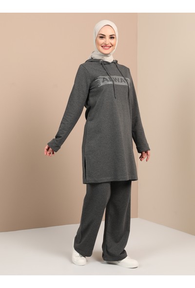 Tavin Taş Detaylı Kapüşonlu Sweatshirt Pantolon Ikili Takım-Antrasit-Tavin