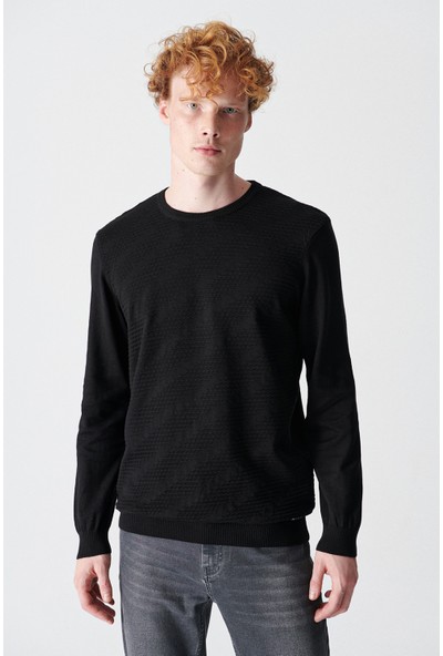 Avva Erkek Siyah Bisiklet Yaka Jakarlı Kazak A12Y5200