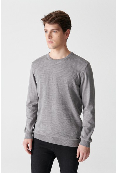 Avva Erkek Gri Bisiklet Yaka Jakarlı Kazak A12Y5200