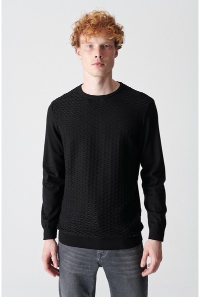 Avva Erkek Siyah Bisiklet Yaka Jakarlı Kazak A12Y5217