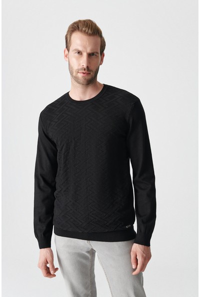 Avva Erkek Siyah Bisiklet Yaka Jakarlı Kazak A12Y5216