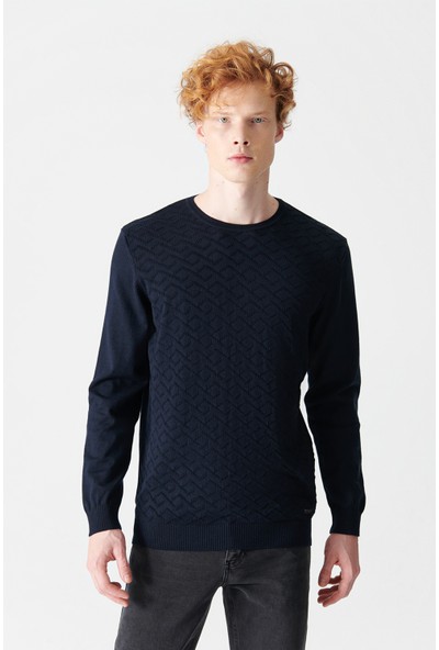 Avva Erkek Lacivert Bisiklet Yaka Jakarlı Kazak A12Y5213