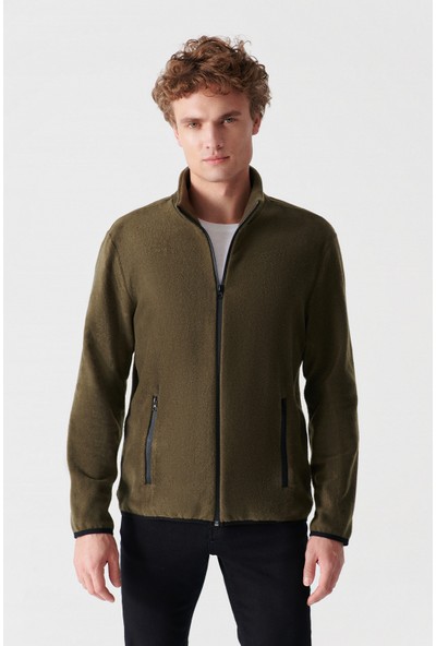 Avva Erkek Haki Fermuarlı Dik Yaka Hırka Düz Polar A12Y1069