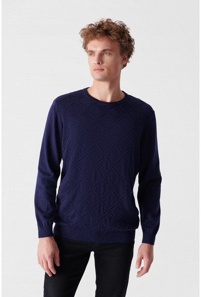 Avva Erkek Indigo Bisiklet Yaka Jakarlı Kazak A12Y5208