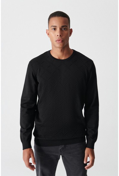 Avva Erkek Siyah Bisiklet Yaka Jakarlı Kazak A12Y5208