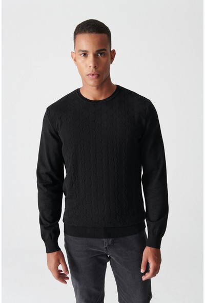 Avva Erkek Siyah Bisiklet Yaka Jakarlı Kazak A12Y5209