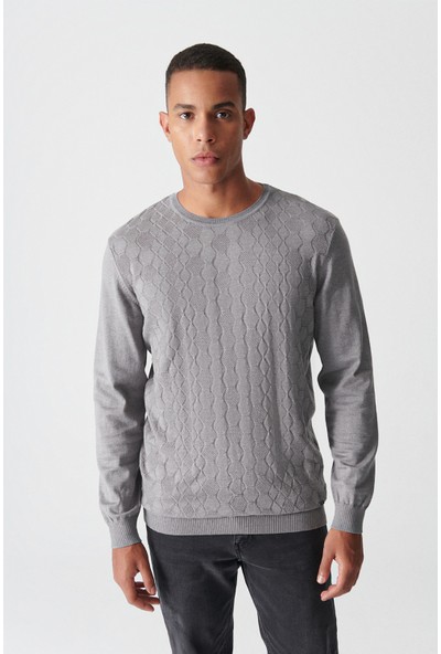 Avva Erkek Gri Bisiklet Yaka Jakarlı Kazak A12Y5209