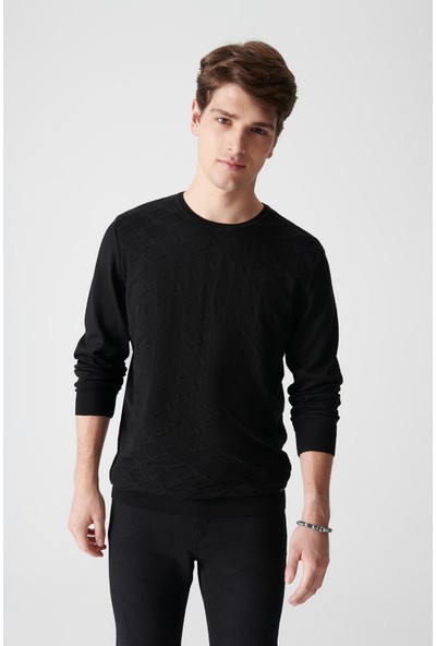 Avva Erkek Siyah Bisiklet Yaka Jakarlı Kazak A12Y5212