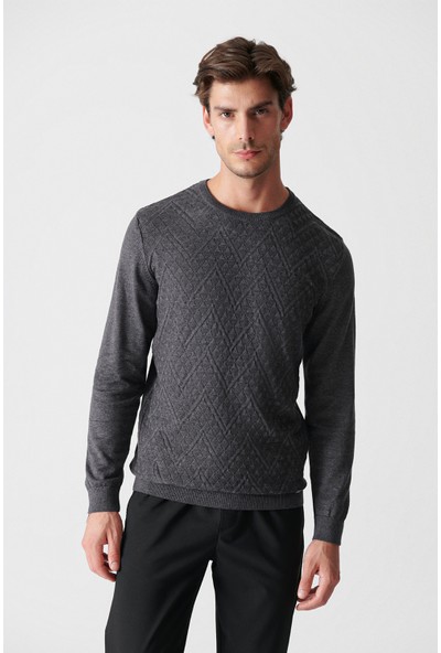 Avva Erkek Gri Bisiklet Yaka Jakarlı Kazak A12Y5219