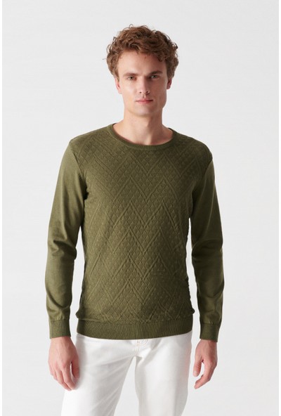 Avva Erkek Haki Bisiklet Yaka Jakarlı Kazak A12Y5219