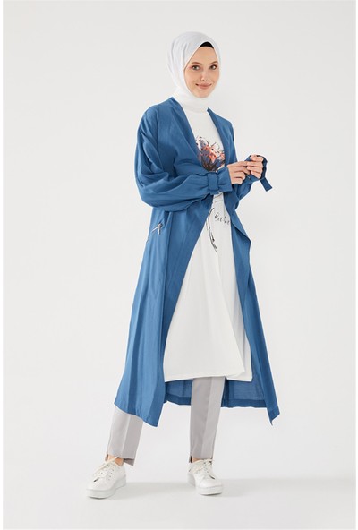 Levidor Içi Baskılı Tunikli Trenç Indigo Levidor Içi Baskılı Tunikli Trenç Indigo