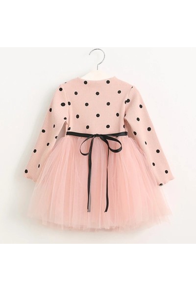 Şirin Şeyler Butiği Linda Kız Bebek Çocuk Elbise Puantiyeli Uzun Kol Esnek Likralı Somon